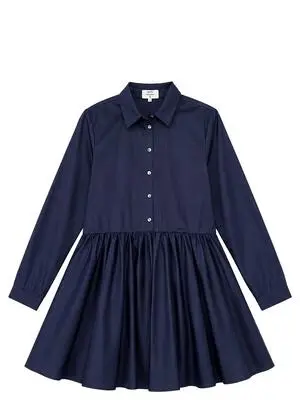 ELFIE Navy Cotton Shirt Dress With Gathered Skirt - Blue