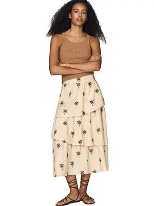 Farm Rio Embroidered Linen Blend Midi Skirt - Sand