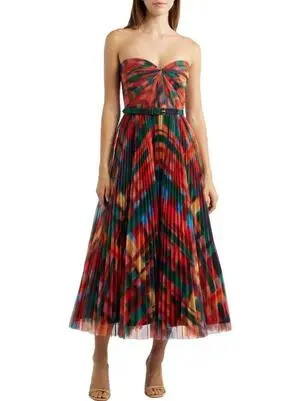 HUTCH Strapless Pleated Gown In Plaid Print - Red Multi