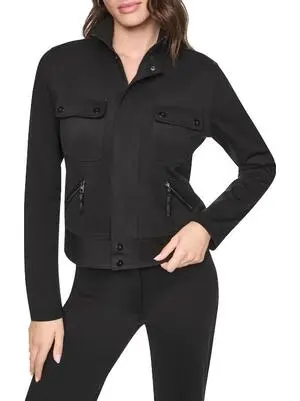 Dkny Soho Ponte Tech Jacket With Stand Collar And Zip Closure - Black
