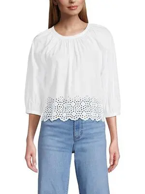 LANDS' END Gathered Eyelet Top With Scoop Neckline White