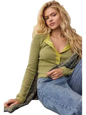 Free People We The Free Hudson Striped Cashmere Henley - Citron Combo