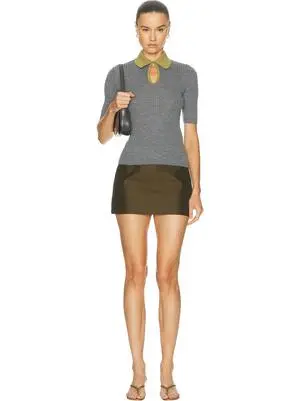 JIL SANDER Short Sleeve Ribbed Knit Polo Sweater With Cutout Detail - Pebble