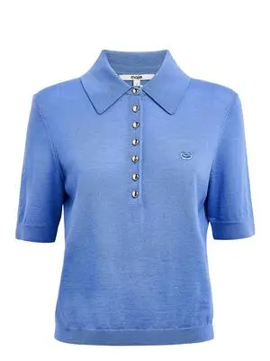 Maje Wool Polo Sweater With Buttoned Placket And Ribbed Finishes - Blue