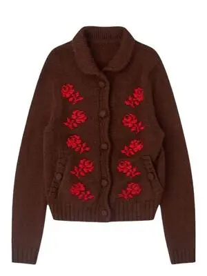 SHUSHU/TONG Embroidered Lapel Collar Cardigan - Brown