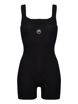 MARINE SERRE Moon Motif Ribbed Knit Short Bodysuit - Black
