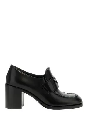 Prada High Heel Loafers With Enamelled Logo - Black