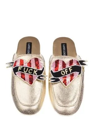 LAINES LONDON Classic Mules With Embellished Heart Brooches - Gold