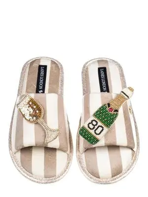 LAINES LONDON Laines London Striped Flatform Slippers With Champagne Brooches White