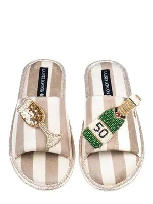 LAINES LONDON Flatform Stripe Open Toe Slippers With Embellished Brooches - White