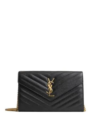 Saint Laurent Monogram Chain Wallet In Grain De Poudre Embossed Leather - Black