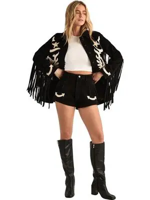 Nasty Gal Real Suede Western Embroidered Shorts - Black