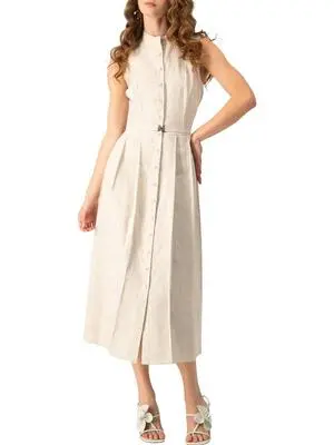IVONNE Linen Belted Midi Shirtdress With Band Collar - Sand