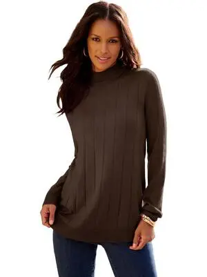Roaman's Drop Needle Mockneck Lightweight Sweater - Chocolate