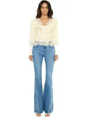 KANCAN Swanie Mid Rise Wide Leg Jeans With Paisley Print Detail - Medium Wash