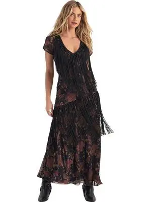 Nasty Gal Floral Chiffon Fringe Maxi Dress - Black