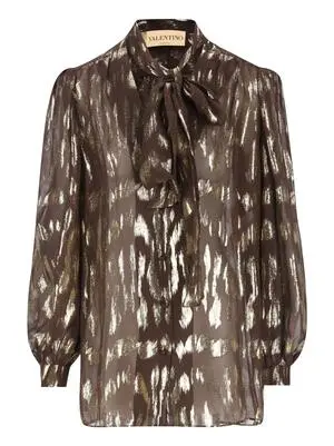 Valentino Garavani Long Sleeve Metallic Print Bow Neck Top - No