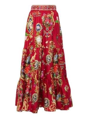 Camilla Printed Silk Tiered Maxi Skirt - Red
