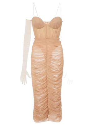 Alex Perry Sweetheart Ruched Mesh Midi Dress With Detachable Gloves - Nude