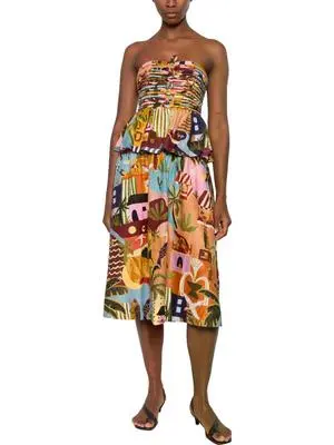 Farm Rio Tropical Painting Ruched Midi Dress - Neutrals