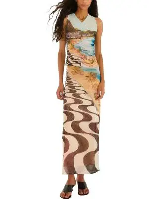 Farm Rio Copacabana Graphic-print Mesh Maxi Skirt - Neutrals