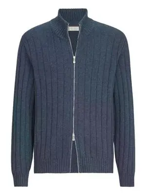Brunello Cucinelli Cashmere Ribbed High Neck Zip Cardigan - Blue