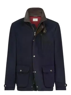 Brunello Cucinelli Virgin Wool Cloth Field Jacket With Nappa Leather Inserts - Blue