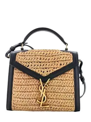 Saint Laurent Cassandra Top Handle Bag Raffia With Leather Mini Satchel - Black