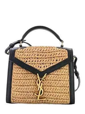 Saint Laurent Cassandra Top Handle Bag Raffia With Leather Mini Satchel - Black