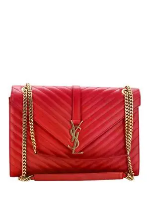 Saint Laurent Monogram Envelope Satchel Matelasse Chevron Leather Shoulder Bag - Red