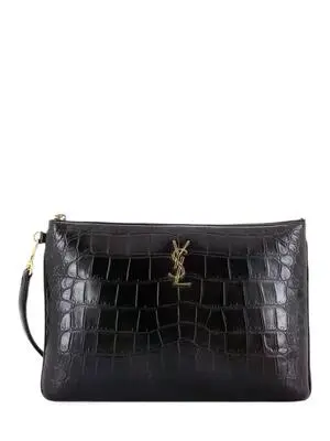 Saint Laurent Classic Monogram Tablet Wristlet Pouch Crocodile Embossed Leather Clutch Bag - Black