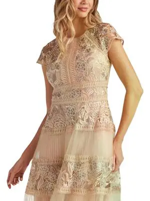 Tadashi Shoji Tamsin Floral-embroidered Tiered Midi Dress - Neutrals