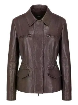 LA ROSE Dark Leather Zip-up Jacket With Drawstring Waist - Brown