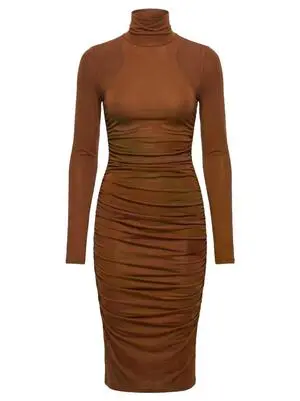Elisabetta Franchi Long-sleeved Midi Dress With Ruched Detailing - Brown