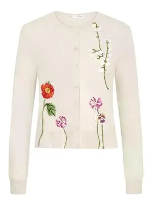 Oscar De La Renta Botanical Threadwork Wool Cardigan - Neutrals
