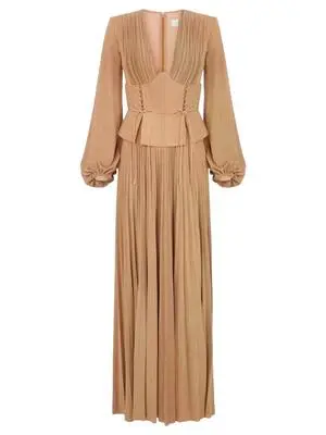 Elisabetta Franchi Long Sleeve Lamé-effect Jersey Gown With Bustier Belt - Neutrals