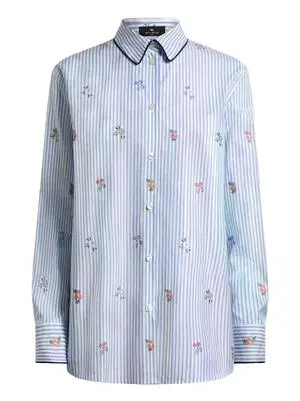 Etro Striped Cotton Jacquard Shirt With Fil Coupé Flower Motif And Velvet Trim - Blue
