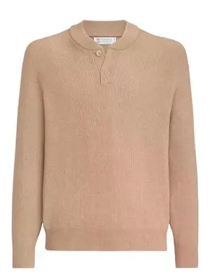 Brunello Cucinelli Cashmere English Rib Sweater With Henley Collar - Neutrals