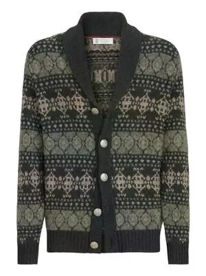 Brunello Cucinelli Cashmere Jacquard Cardigan With Shawl Collar - Grey