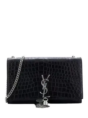 Saint Laurent Monogram Tassel Crocodile Embossed Leather Medium Crossbody Bag - Black