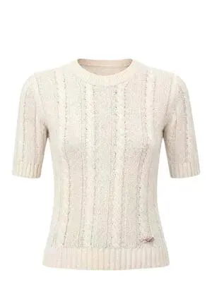 N°21 Cream White Cable Knit Short Sleeve Sweater - Neutrals