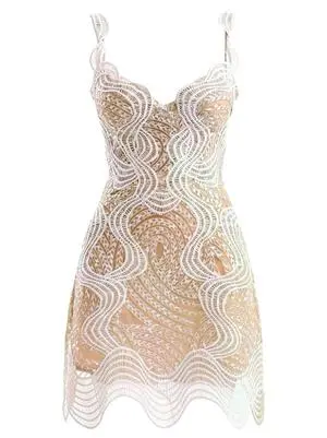 GEMY MAALOUF Embroidered Scalloped-edge Sweetheart Neck Dress - Neutrals