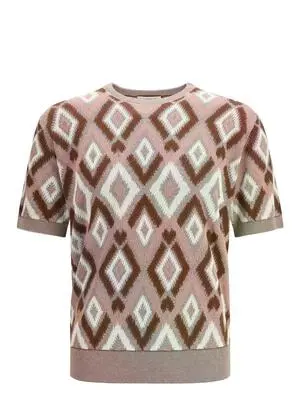 PIACENZA CASHMERE 1733 Piacenza 1733 Dusty Rose Argyle Pattern Crew Neck Short Sleeve T-shirt
