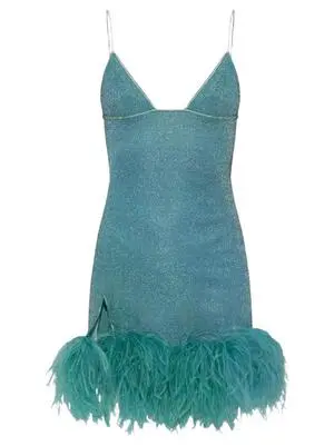 Oseree Feather-trimmed Lurex Mini Dress - Blue