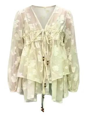 ÉPINGLER Floral Motif Ruffled Cardigan - Neutrals