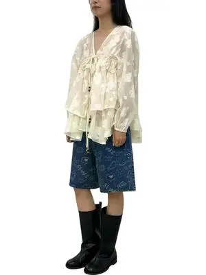 ÉPINGLER Floral Motif Ruffled Cardigan - Neutrals