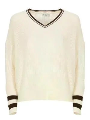 Marella V-neck Striped Trim Sweater - Neutrals
