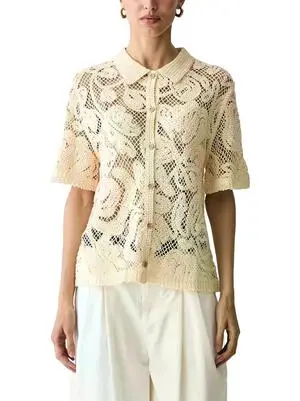 BENETTON Crochet Knit Floral Pattern Short Sleeve Shirt - Neutrals