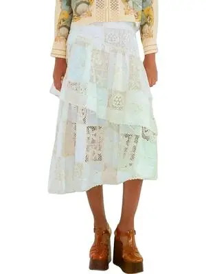 Farm Rio Patchwork Lace Tiered Midi Skirt - White