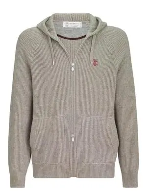 Brunello Cucinelli Cashmere English Rib Hooded Knit Sweatshirt - Grey